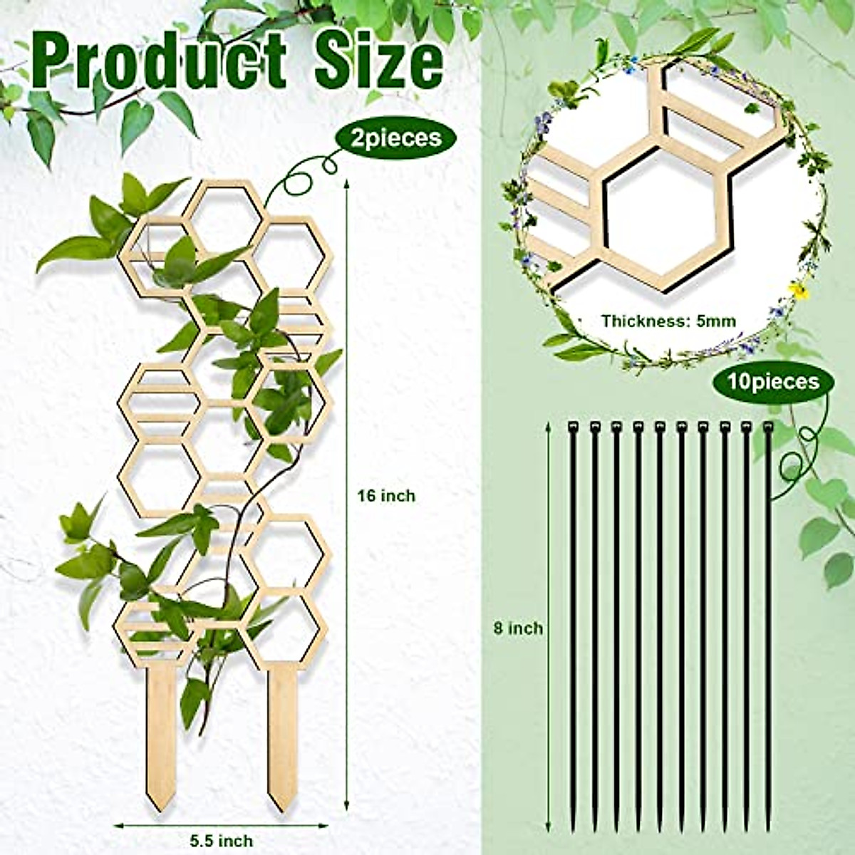 2 Pieces Wooden Small Indoor Trellis Plant Trellis for Climbing Plants Hexagon Trellis for Potted Plants Trellis Vine Supports Garden Trellises with 10 Pieces Black Cable Ties for Plant (Honeycomb)