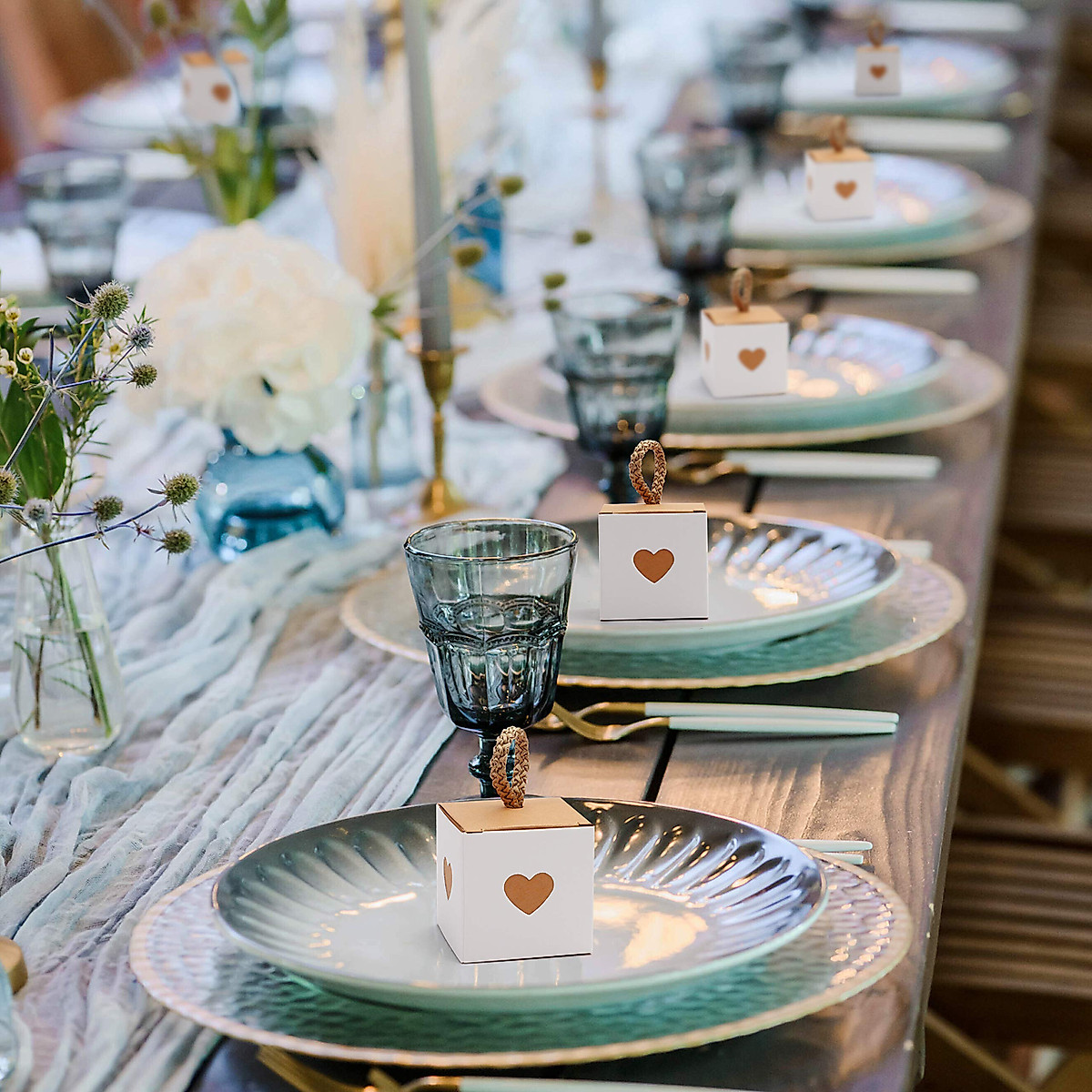 BELLE VOUS 50 Pack Mini White & Brown Heart Gift Boxes - 2 x 2 x 2 inch Wedding & Party Favor Paper Candy Kraft Boxes with Cute Twine Handles