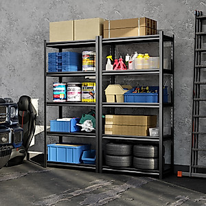 METALYEYE Garage Shelving, 5 Tier Adjustable Metal Shelving, 72"×35"×16", 2500LBS Heavy Duty Storage Shelving for Garage Warehouse, Basement, Industrial Utility Yard, Black (5-Tier)