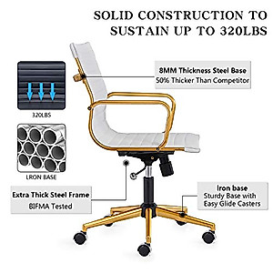 LUX Modern Desk Chair Gold Base White and Gold Office Chair Rolling Office Chair with Back Support Ergo Office Chair with Caster Wheels Office Chair for Heavy People 320lbs Gold Swivel Office Chair