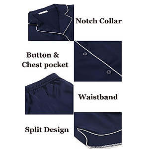 Ekouaer Womens Silk Satin Pajamas Set Short Sleeve Sleepwear Button Down Loungewear 2 Piece Pjs Shorts Set Navy Blue X-Large