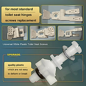 2 Pack Universal White Plastic Toilet Seat Screws Replacement, Toilet Seat Hinges Bolts and Nuts For Top Mount Toilet lid Fastener Parts Kit