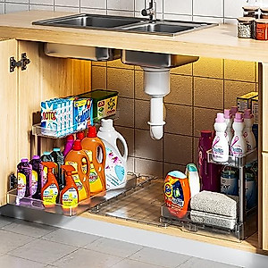 Under Sink Organizer and Storage with Under Sink Tray, 2 Tier Sliding Under Sink Shelf, L Shaped Pull Out Cabinet Basket Organizer, Slide Out Organizer Rack for Bathroom, Kitchen, 2 Pack, Clear