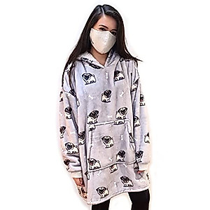 Pug Grey Dog Blanket Hoodie, Oversized Hoodie, 4XL Hoodie, Cute Dog Lover Gift, Comfortable Wearable Blanket, Pug Obsessed