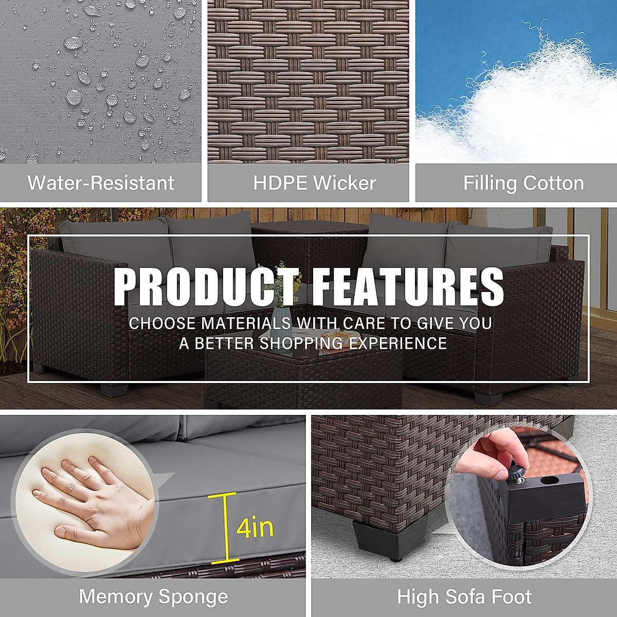 Valita Patio Furniture Set 4 Pieces Outdoor Brown Rattan Sectional Conversation Sofa Chair, Storage Box, Coffee Table,with No-Slip Cushions and Waterproof Covers, Grey