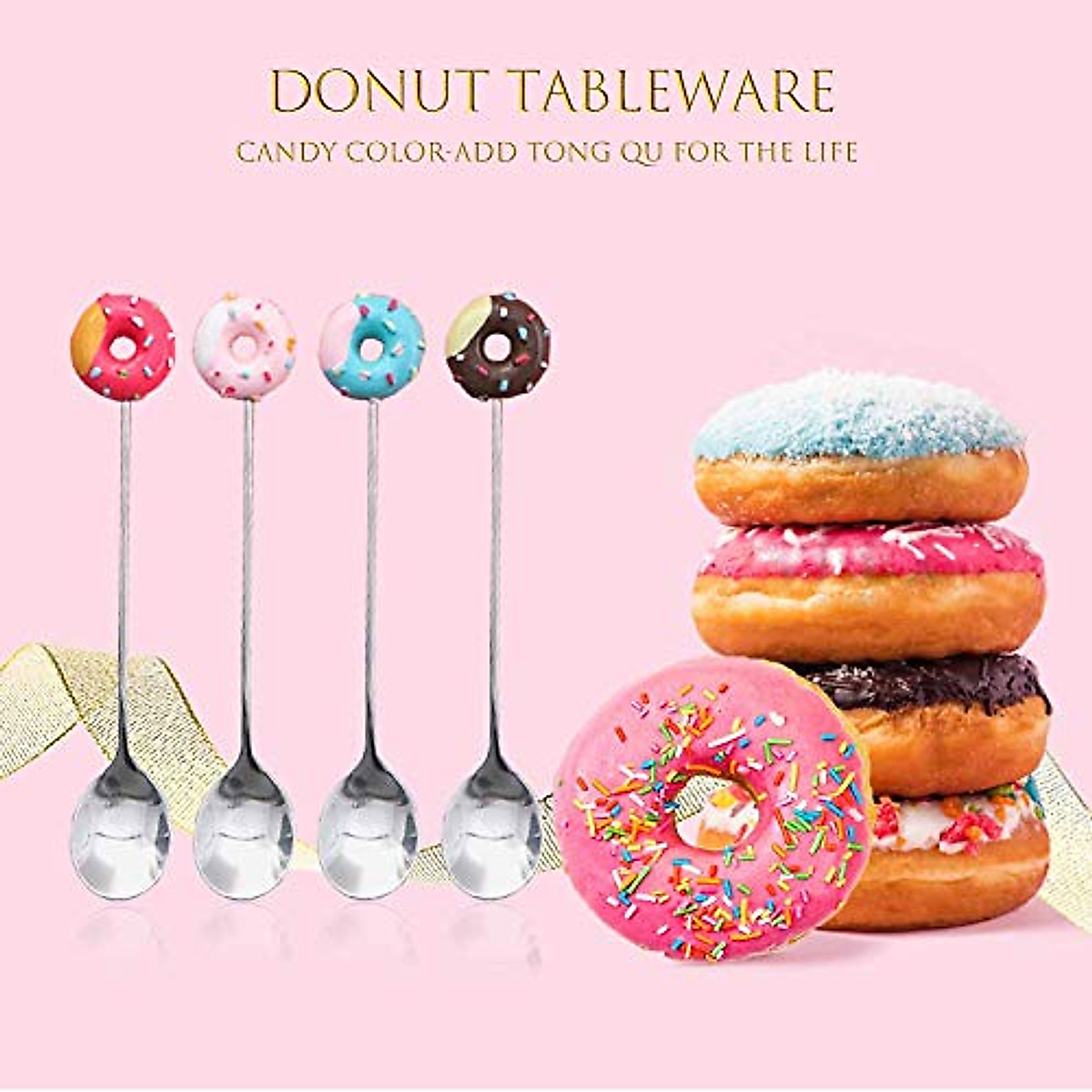 Gracelife 4pcs Stainless Steel Stirring Spoons Cute Doughnut Coffee Spoon Mini Donut Dessert Spoon Ice Cream Tea Sugar Spoon