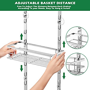 Over the Door Shower Caddy, 5-Tier Adjustable Hanging Shower Organizer Rustproof Metal Bathroom Storage Shelf Shower Basket with Soap Holder & Suction Cup for Shampoo, Conditioner, Sliver