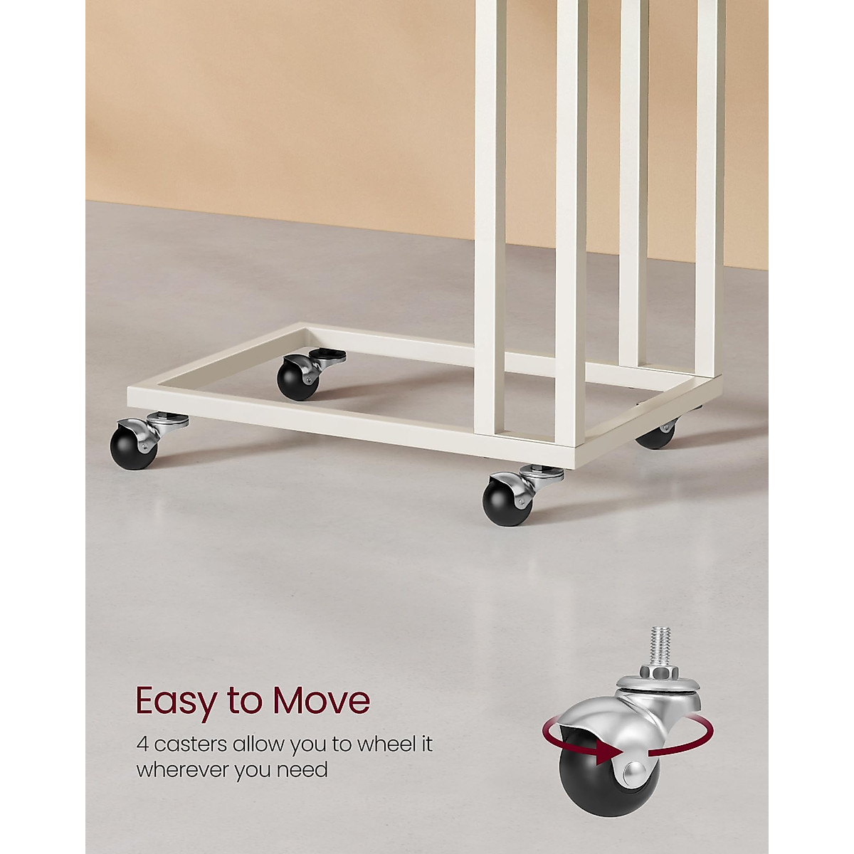 VASAGLE End Table, C Shaped TV Tray with Metal Frame Rolling Casters for Coffee Laptop Mobile Tablet, Industrial Side Table for Living Room Bedroom, 19.7 x 13.8 x 23.6 Inches, Cream White ULNT050W77