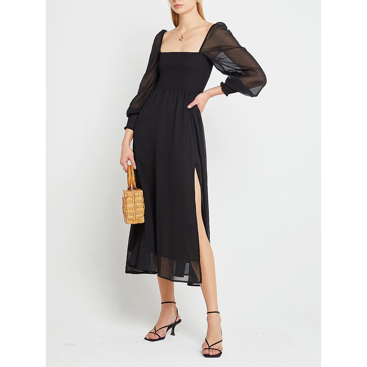 ZAFUL Women Dress Square Neck Off Shoulder Puff Sleeve A Line Smocked Long Sleeve Casual Maxi Black Dress
