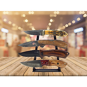 Black Knife Display Stand Rack Holder Organizer For 4 Medium To Large Pocket Or Fixed Blade Knives - Holds Four Blades - Wall Mount Or Sit On Flat Surface