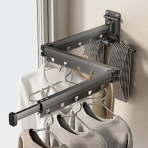 CICUFY Clothes Drying Rack Wall Mounted Foldable Laundry Drying Rack Collapsible/Retractable Space Saving Laundry Hanger Dryer Rack with Additional Bar-Matte Gray