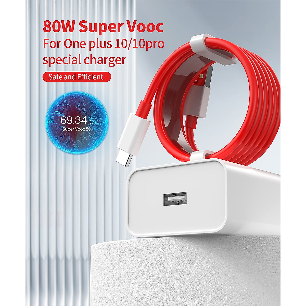 WNIEYO 10Pro/10R/10 80W SuperVooc Charger, Compatible with OnePlus 6T/6 Pro/6/5T/5 Pro, USB-C Fast Charging Cable 3.3FT