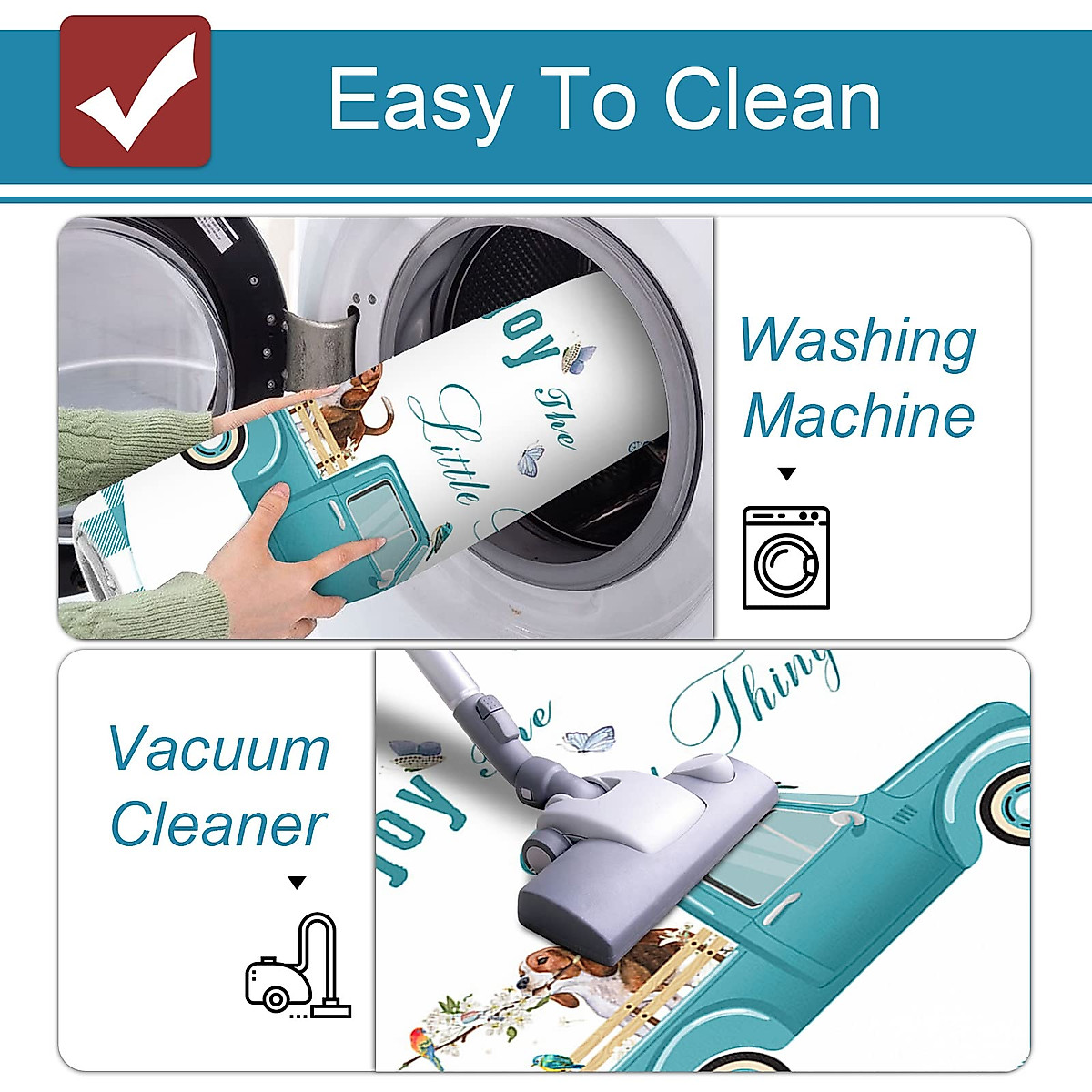 2 Pieces Kitchen Mats Floor Area Rug Set Farmhouse Teal Truck Cute Dog Non-Slip Doormat, Indoor Water Absorbent Standing Runner Rugs for Home Decor Spring Flower Butterfly Aqua Plaid