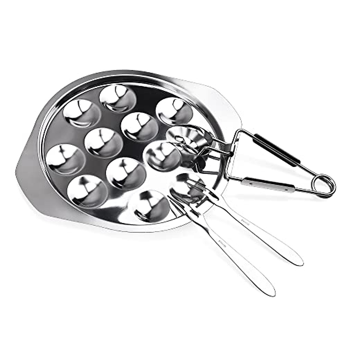 1 Set of Escargot Dish Stainless Steel Snail Escargot Plate 12 Holes with Escargot tong and Escargot fork for Kitchen Restaurant
