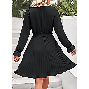 PRETTYGARDEN Women's Casual Fall Dresses Long Puff Sleeve V Neck Pleated Ruffle Flowy Belted Dress (Black,X-Large)