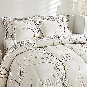 UOZZI BEDDING Cream White Bed in a Bag Twin 6 pc Branch Style All Season Soft Microfiber Reversible Bed Comforter Set (1 Comforter 2 Pillow Shams 1 Flat Sheet 1 Fitted Sheet 1 Pillowcases)