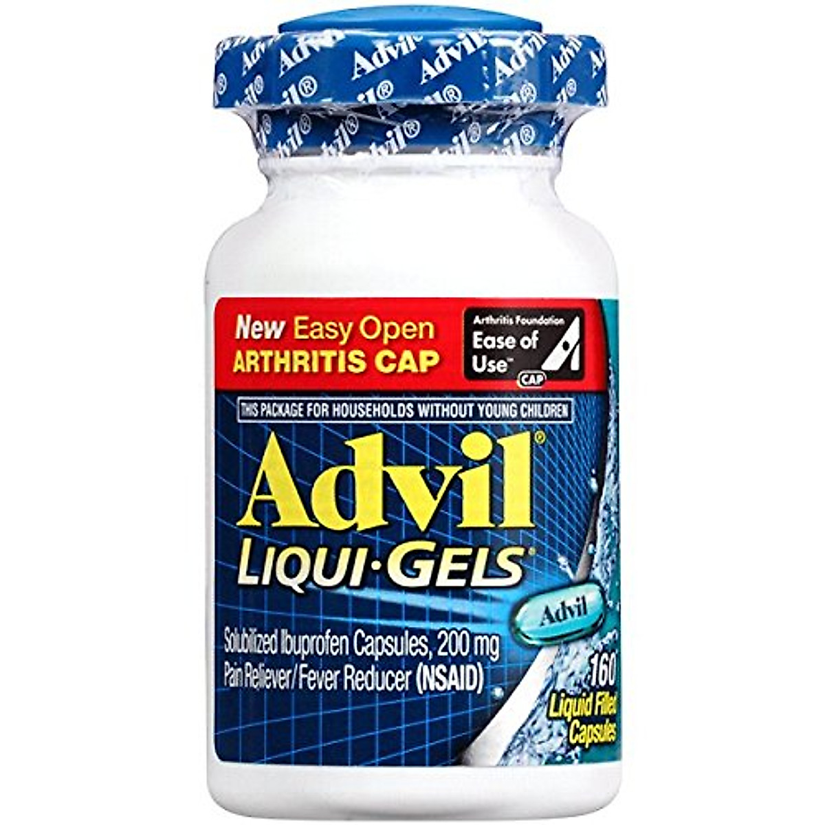 Advil Liqui-Gels Pain Reliever and Fever Reducer, Solubilized Ibuprofen 200mg, 160 Count, Easy Open Arthritis Cap