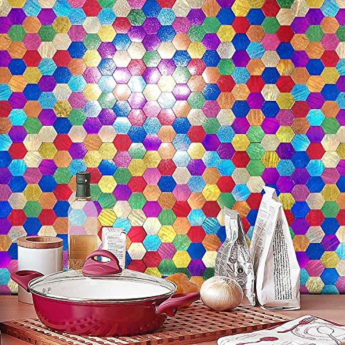 XUANINY Peel and Stick Backsplash Tiles, Rainbow Hexagon Aluminum Surface Metal Mosaic Sticker, Rainbow-Colored Wall Sticker for Living Room, RV，Bar (11.45"x11.02") (11, Hexagon Rainbow Colored)