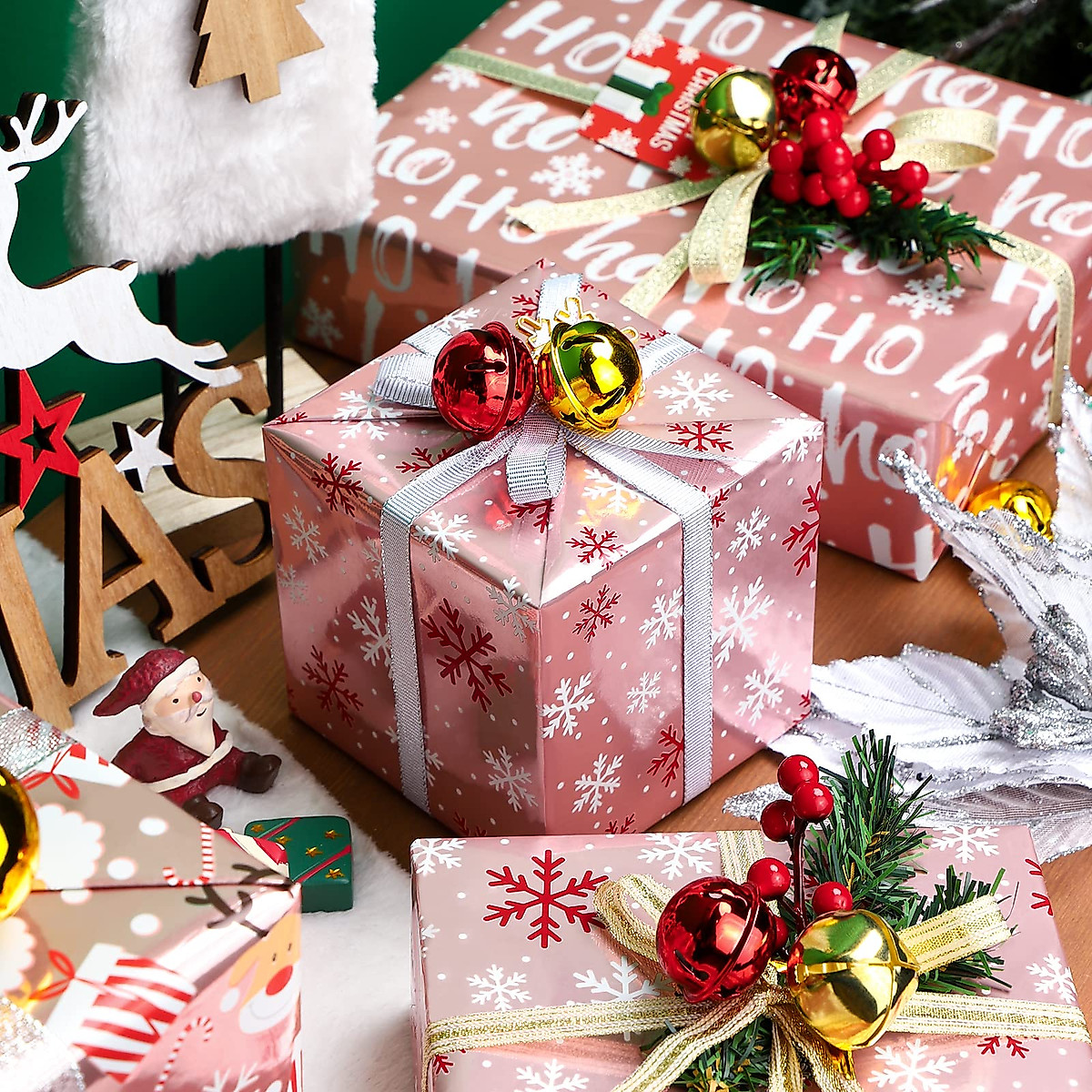 WRAPAHOLIC Christmas Wrapping Paper Roll - Rose Gold Santa, Snowflakes and Reindeer Holiday Collection with Metallic Foil Shine - 4 Rolls - 30 Inch X 120 Inch Per Roll