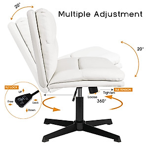 PUKAMI Armless Office Desk Chair No Wheels,PU Leather Criss Cross Legged for Home,Modern Swivel Vanity and Mid-Back Computer Chair,Height Adjustable Wide Seat for Task (White)