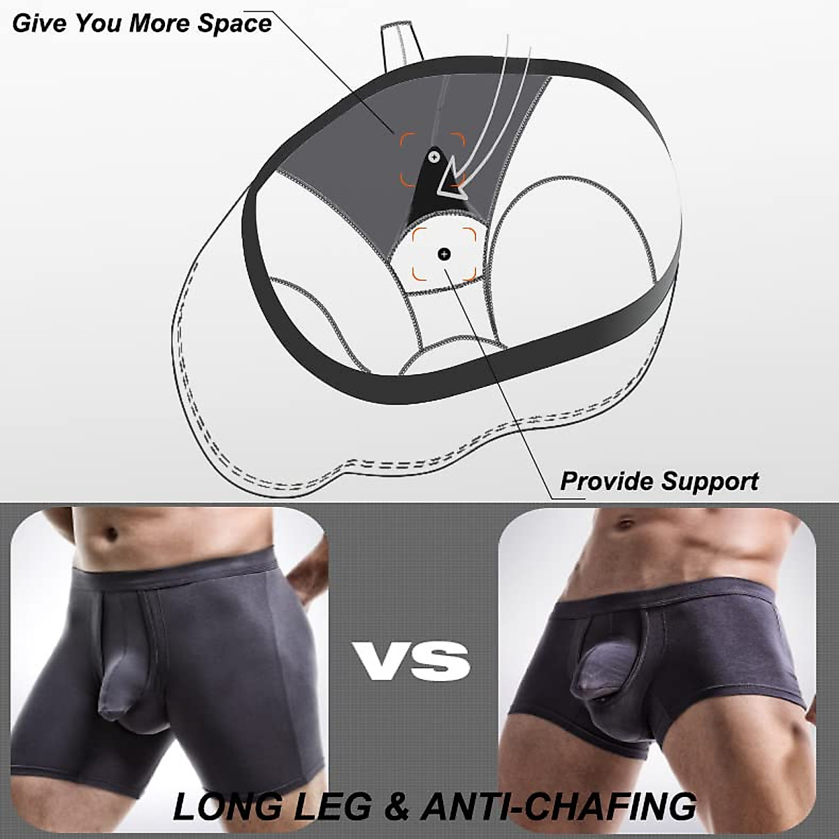 Ouruikia Men's Underwear Boxer Briefs Anti-Chafing Long Leg Mens Boxer Briefs Tagless Boxer Briefs Separate Pouch Large Black/Grey