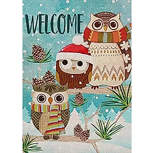Covido Home Decorative Welcome Winter Garden Flag, Christmas Holiday House Yard Snow Owls Decor Sign, Xmas Outside Decoration Seasonal Farmhouse Outdoor Small Burlap Flag Double Sided 12 x 18