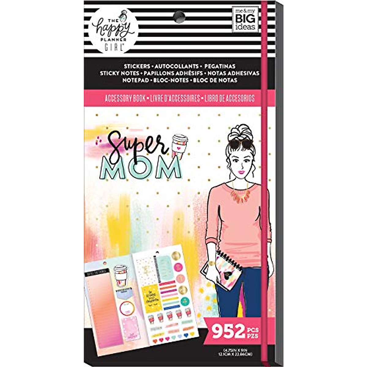 me & my BIG ideas Accessory Book Bundle - The Happy Planner Scrapbooking Supplies - Super Mom Theme - 4 Sticky Note Pads & 1 ListPad - Multi-Color & Gold Foil Stickers - 20 Sheets, 952 Stickers Total