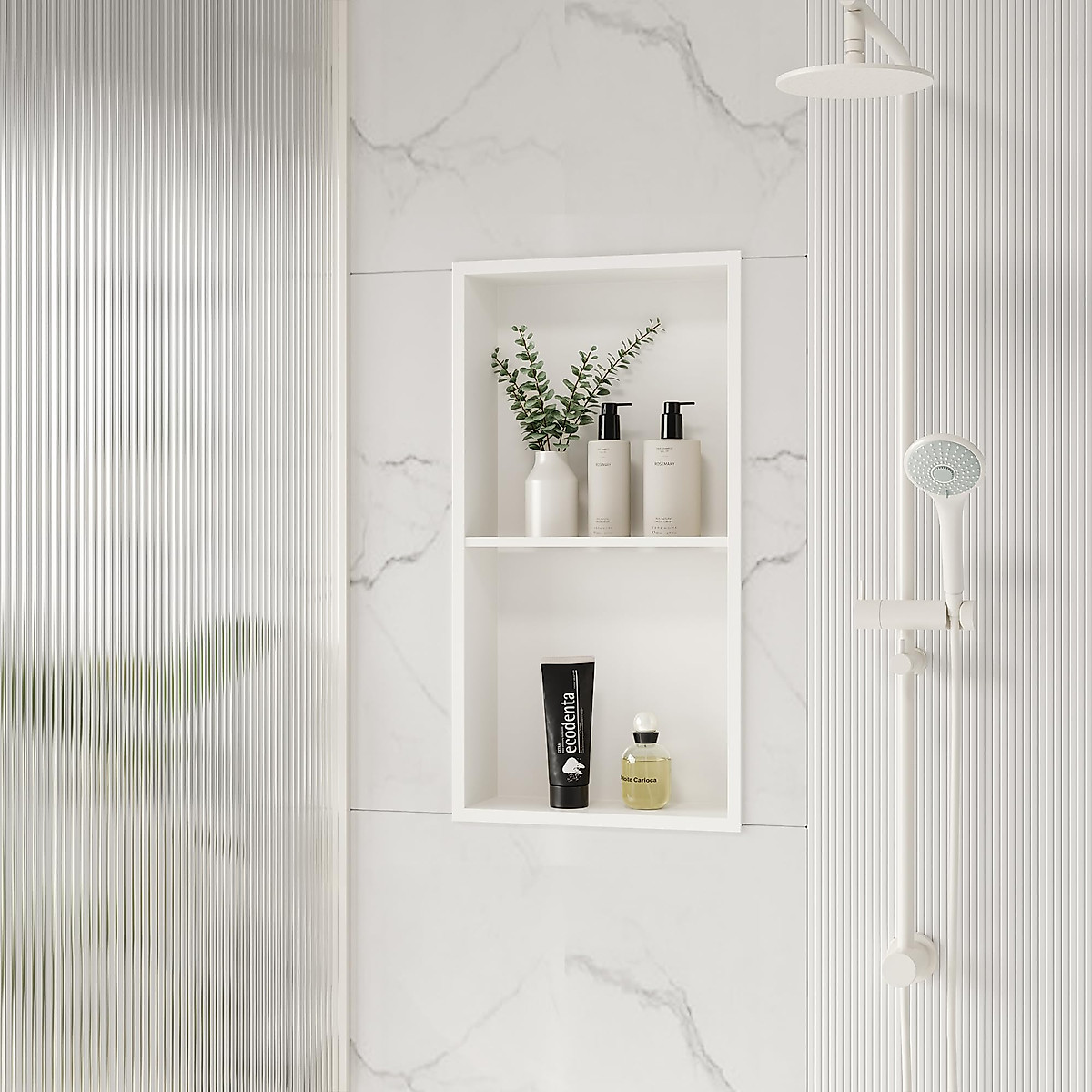 Qeke Stainless Steel Shower Niche 24" X 12", No Tile Needed Wall Niche Double Shelves, Recessed Niche Shower for Bathroom Storage, Matte White