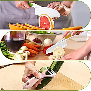 Kids Knifes Set,Nylon Knives Safe Baking Cutting Cooking Children's Beginners Cut Fruits Salad Veggies CakeFun Firm Grip Serrated Edges Friendly Childrens Knife With Cutting Board Peeler 5Pack (pink)