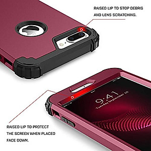 BENTOBEN Case for iPhone 8 Plus/iPhone 7 Plus, 3 Layer Hybrid Hard PC Soft Rubber Heavy Duty Rugged Bumper Shockproof Anti Slip Full-Body Protective Phone Cover , Wine Red