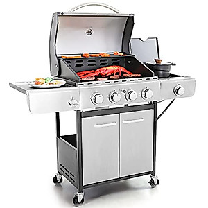 Captiva Designs 4-Burners Propane Gas BBQ Grill with Side Burner & Porcelain-Enameled Cast Iron Grates, 42,000 BTU Output Stainless Steel Grill for Outdoor Cooking Kitchen and Patio Backyard Barbecue