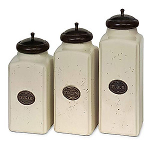 CC Home Furnishings Set of 3 Labeled Ivory Ceramic Kitchen Canisters with Lids Brown, 9-10-11"h x 5"w x 5"