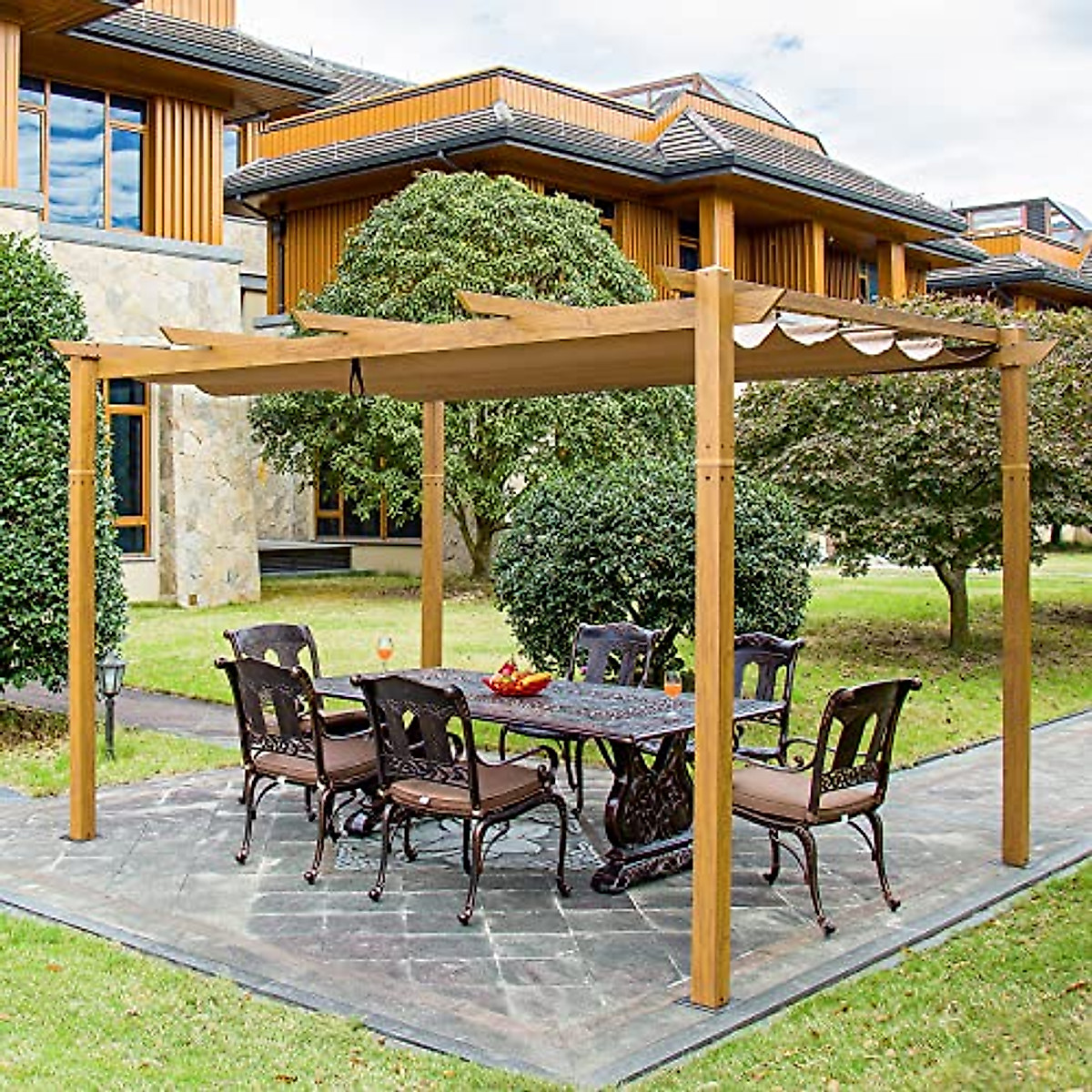 Domi 9’x13' Outdoor Retractable Pergola Against The Wall with Sun Shade Canopy, Pergolas and Gazebos Clearance, Patio Metal Canopy for Deck, Garden, Backyard(Wood-Looking)