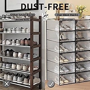 JOCHER 12 Pack Shoe Storage Boxes Black,Clear Plastic Stackable Shoes Organizer for Closet,Sneaker Storage Bins with Lids,Shoe Storage Containers for Under Bed,Entryway,Closet Floor,Space Saving