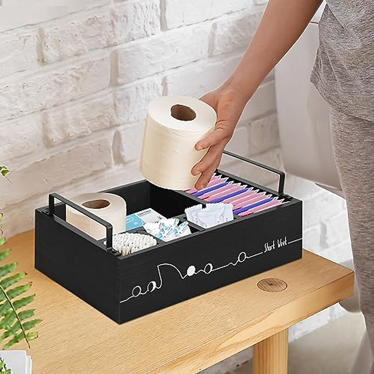Wooden Tampon Holder for Bathroom, Shark Week Tampon Storage with Handles, Farmhouse Bathroom Storage Container for Underwear, Roll Paper, Wipes, Sanitary Tampon, Feminine Product Organizer, (Black 2)
