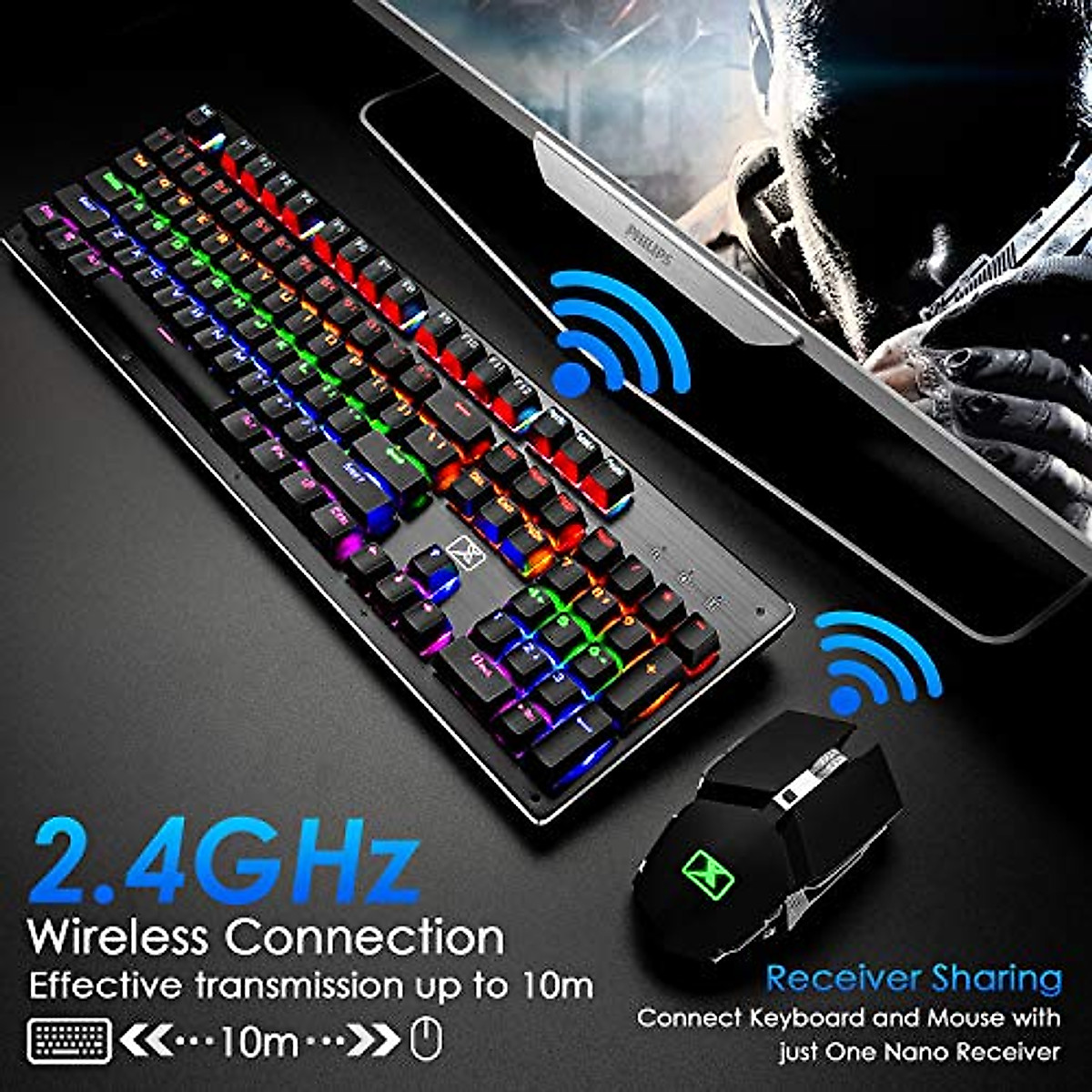 Wireless Gaming Keyboard and Mouse Combo with 104 Key Rainbow LED Backlight Rechargeable 4600mAh Battery Mechanical Keyboard Anti-ghosting Ergonomic RGB Mute Mice for Computer PC Gamer (Blue Switch)