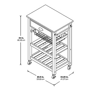 OSP Home Furnishings Hampton Kitchen Cart with Wood Top, Utensil Drawer, Under Cabinet Basket, and 2 Slatted Shelves, Blue Stone Base