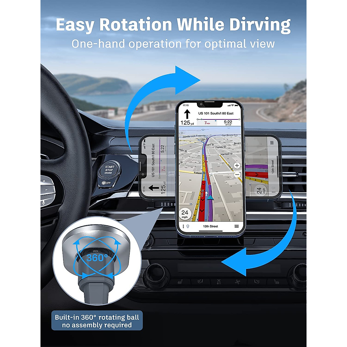 Hinyx MagSafe Car Mount-Strongest Magnet Power, Magnetic Phone Holder for Car Easily Install Air Vent Phone Mount for iPhone 15/14/13/12 Pro Max Mini Plus MagSafe Case & All Phones, with Metal Ring