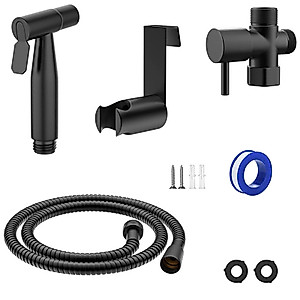 Handheld Bidet Sprayer for Toilet, Stainless Steel Leak Free T-Valve & Adjustable Jet Spray, Feminine Hygiene, Shower Sprayer for Pet, Wall or Toilet Mount Superior Complete Accessories (Black)