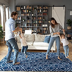 Guucha Soft Plush Fluffy Carpets, 5'x8' Fluffy Rugs, Geometric Moroccan Shaggy Rugs for Living Room Bedroom Nursery Room Kids' Room, White/Blue