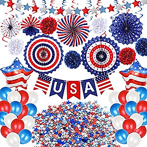 59pcs 4th of July Patriotic Decorations - Fourth of July Decor American Flag Party Supplies, USA Flag Pennant, Red White Blue Paper Fans, Latex balloons, Star Streamer, Hanging Swirls for Memorial Day