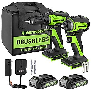 [Professional Grade] Greenworks 24V Max Cordless Brushless Drill + Impact Combo Kit, (2) 2.0Ah Batteries, FAST Charger, and Bag Included