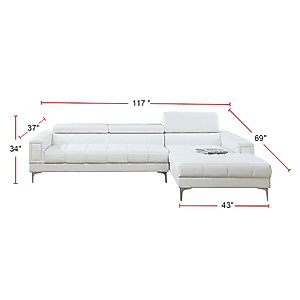 Poundex Bobkona Hayden Bonded Leather Sectional with Adjustable Back, White