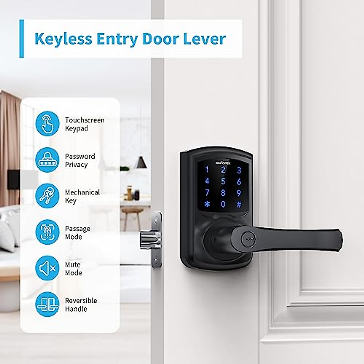 Signstek Keyless Entry Door Lock,Digital Smartcode Lock for Front Door,Keypad with Handle and Security Key,Touchscreen,Easy Installation, Matte Black