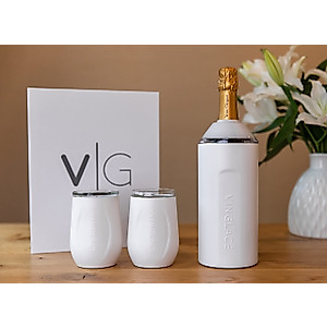 Vinglacé Wine Bottle Chiller Gift Set- Portable Stainless Steel Wine Cooler with 2 Stemless Wine Glasses, White