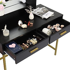 INXXCOROO Style Vanity Set with Lighted Mirror - Black Makeup Dresser with Stool