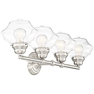 Possini Euro Design Astrid Modern Wall Mount Light Brushed Nickel Silver Metal Hardwired 30 3/4" Wide 4-Light Fixture Schoolhouse Clear Glass for Bathroom Vanity Mirror House Home Room Decor