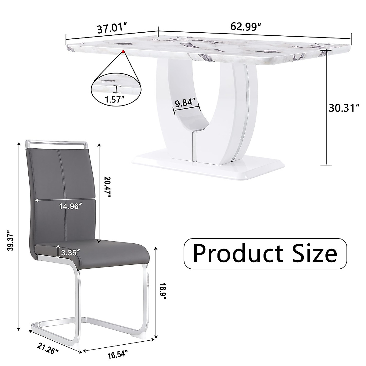 Pvillez 63" Marble Dining Table Set for 4, Modern Dining Room Kitchen Table with 1.57" Faux Marble Top & 4 PU Leather Upholstered Gray Dining Chairs, 5 Piece Dining Table Set for Dining Kitchen