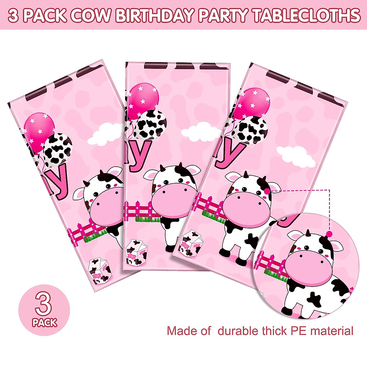 Tiamon 3 Pieces Cow Birthday Party Tablecloth Decorations Plastic Farm Animal Table Cover Pink Cow Print Table Cloths for Farmhouse Girls Happy Birthday Baby Shower Party Supplies, 108 x 54 Inches