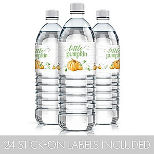 Orange Little Pumpkin Baby Shower Water Bottle Labels - Autumn Waterproof Bottle Wrappers - 24 Count - Fall Unisex Pumpkin Patch Theme